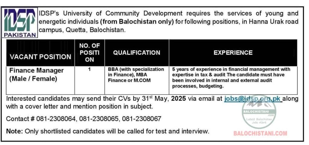 IDSP Quetta Jobs in Balochistan 2025 - Balochistan Jobs