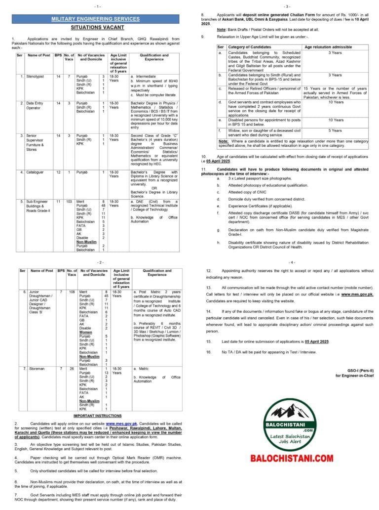 Military Engineering Services MES Jobs 2025 - Balochistan Jobs