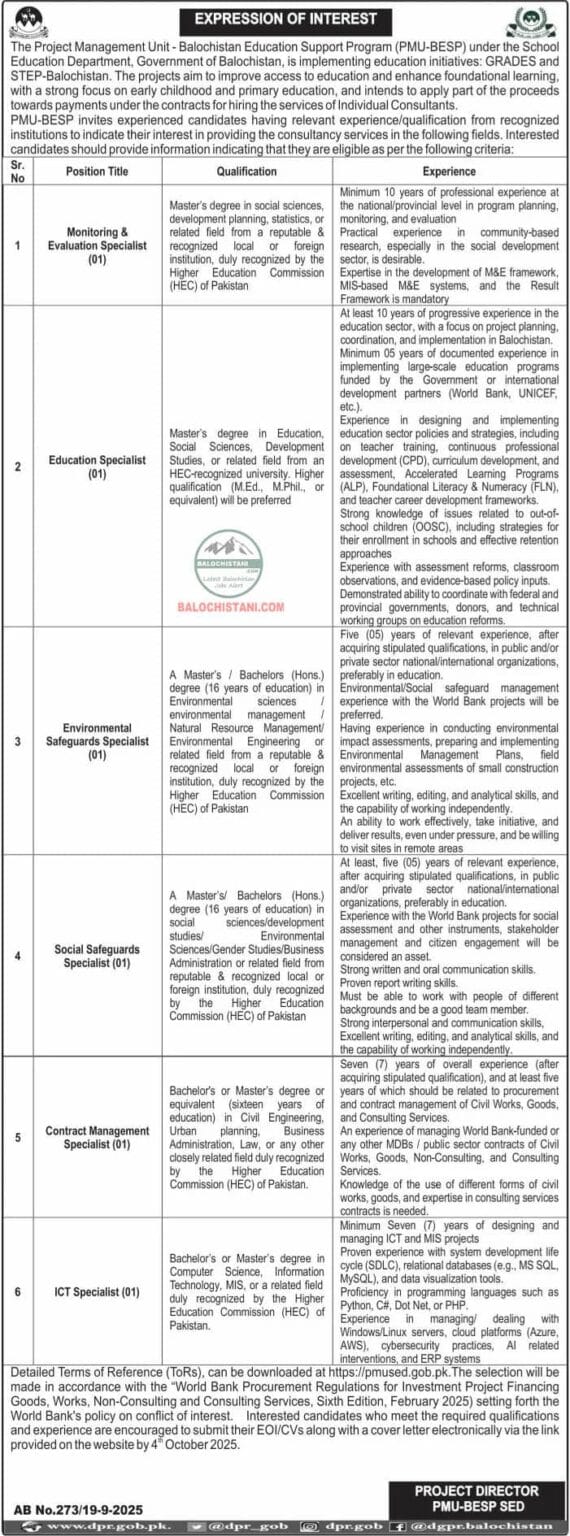 Project Management Unit PMU Balochistan Jobs 2025