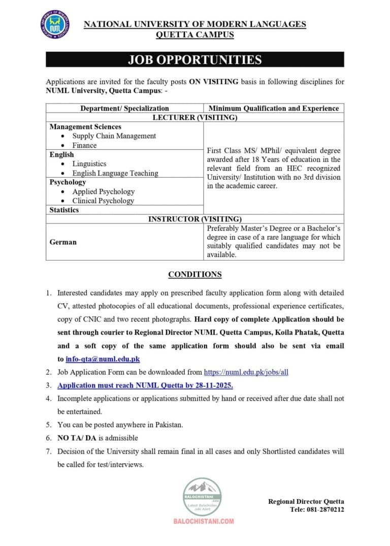 NUML Quetta Campus Jobs 2025 - Wedgies